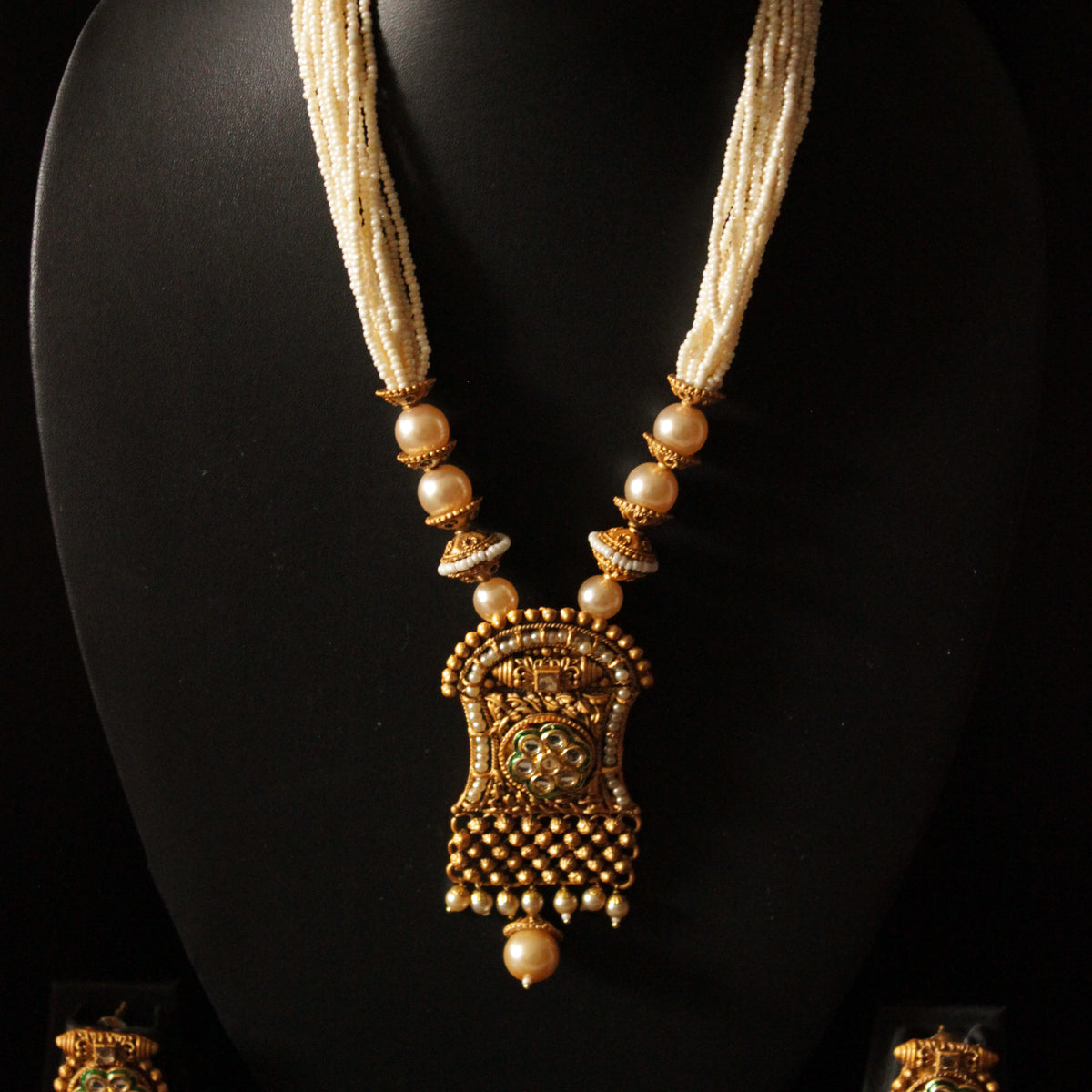 Kundan Stones Embedded Matt Gold Finish Multi-Layer White Beads Neckla – A Local Tribe