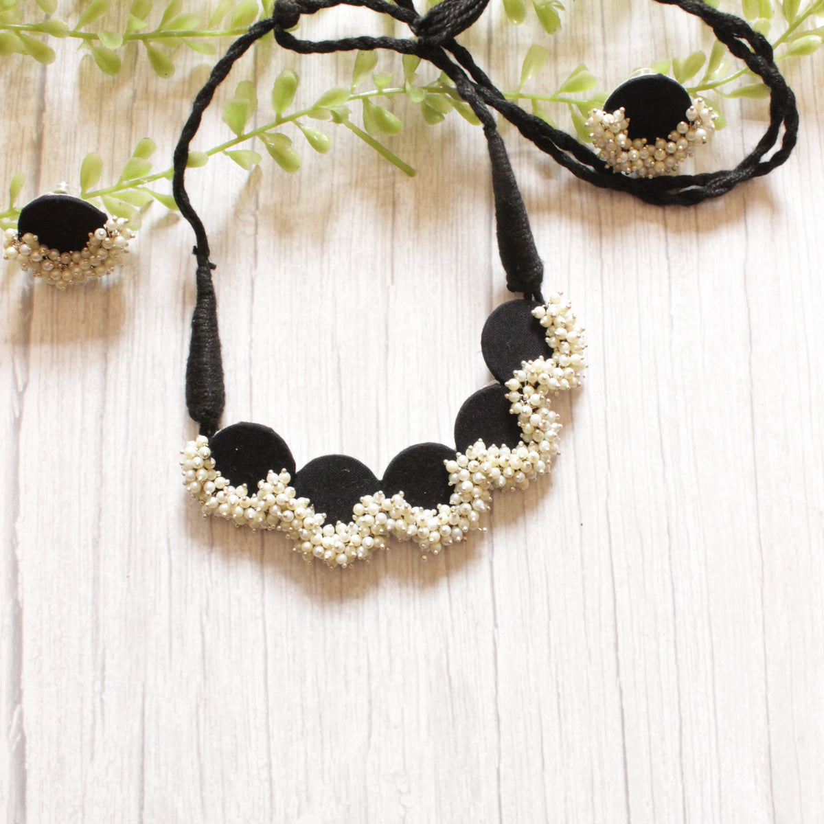 Black Fabric Choker Necklace Set with Stud Earrings Embellished with W ...