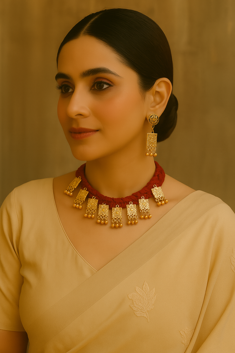 Antique Gold Finish Thread Work Hasli Necklace Set – A Local Tribe
