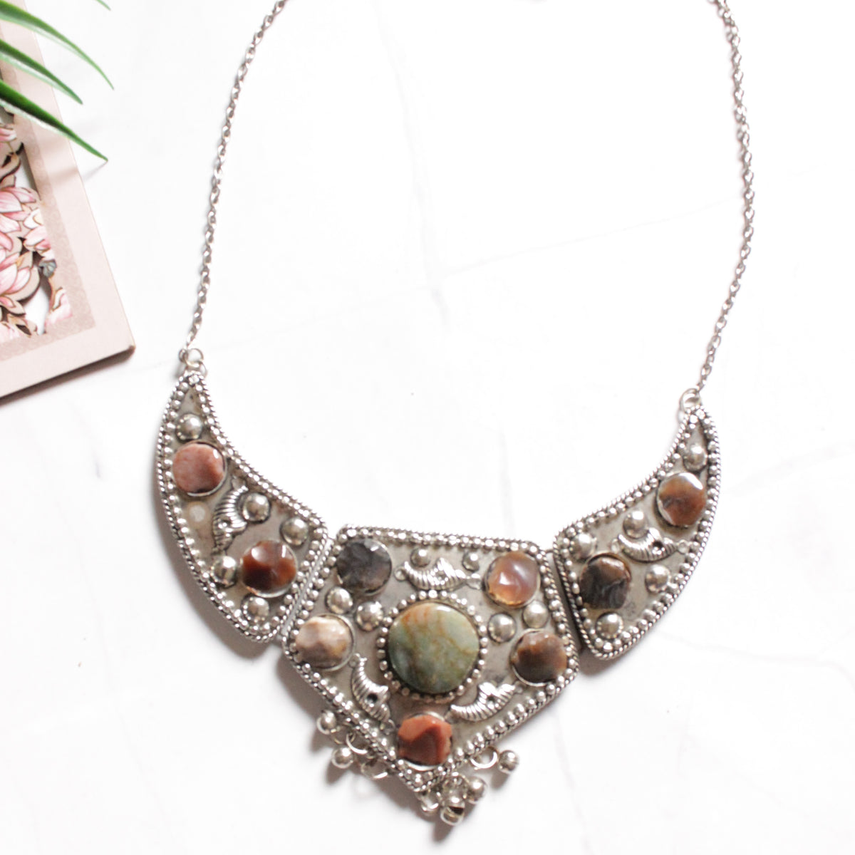 Raw Natural Gemstones Embedded Silver Finish Hasli Style Tribal Neckla ...