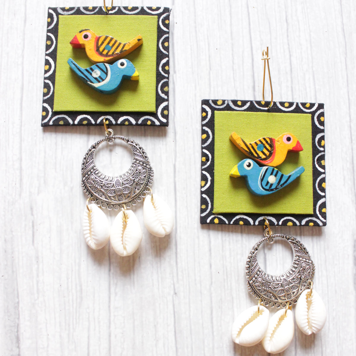 Hand Painted Fabric and Wooden Birds Shells Embellished Earrings – A ...