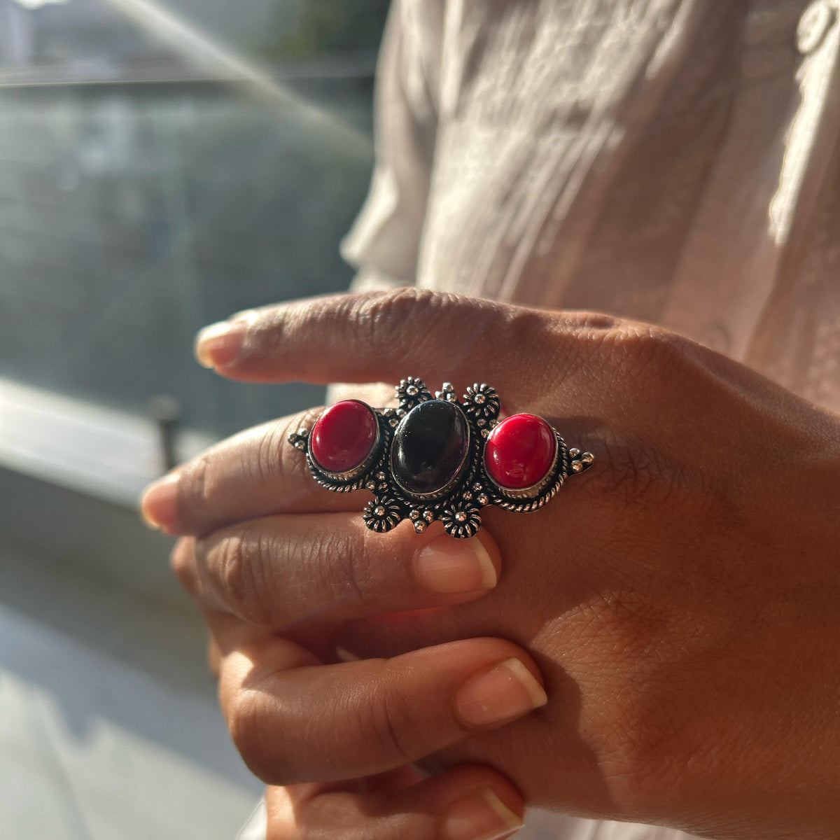 3 Red and Maroon Natural Gemstones Embedded Oxidised Finish Silver Rin ...