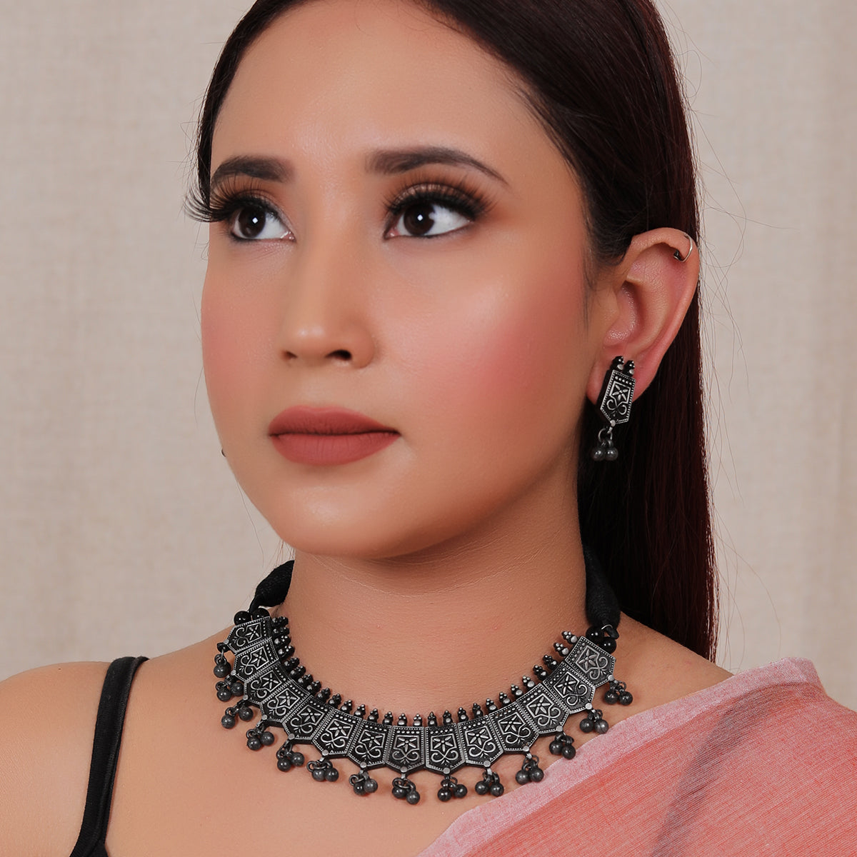 Oxidised Finish Ghungroo Beads Embellished Adjustable Thread Choker Ne ...