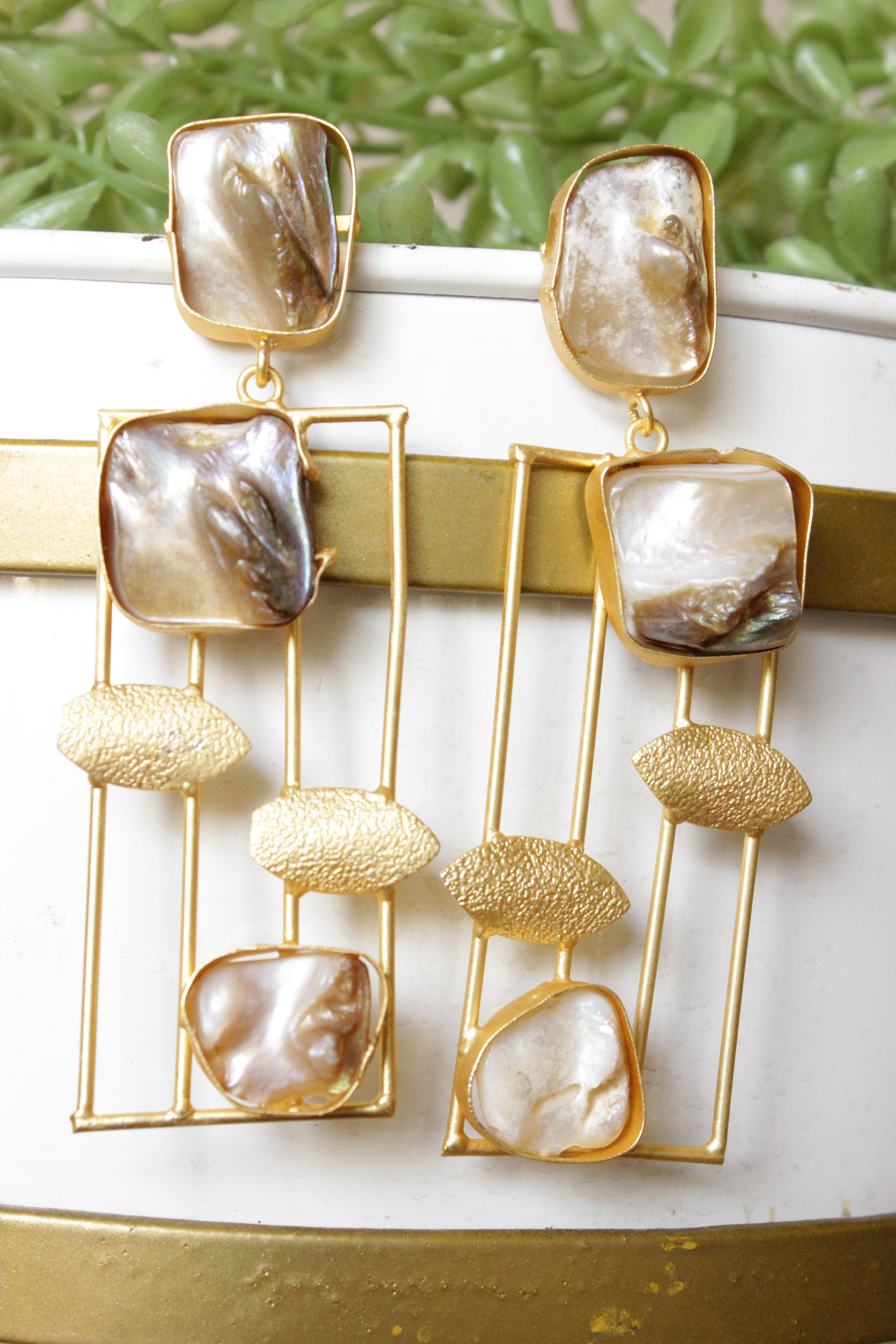 Vertical Bars Baroque Pearl Gemstones Embedded Gold Toned Brass Earrin ...