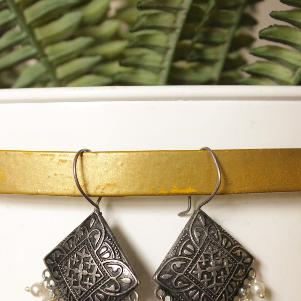 Oxidised Finish Square Intricately Detailed Dangler Earrings – A Local ...