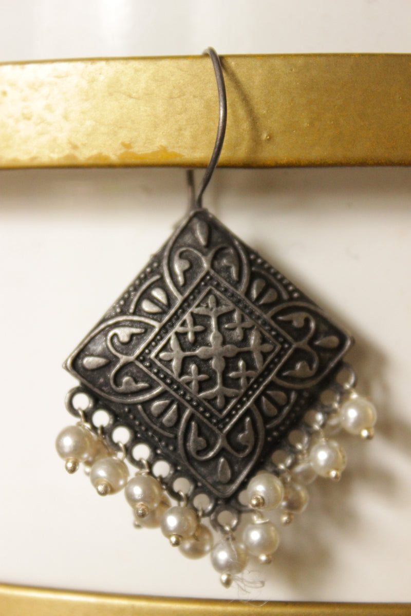 Oxidised Finish Square Intricately Detailed Dangler Earrings – A Local ...