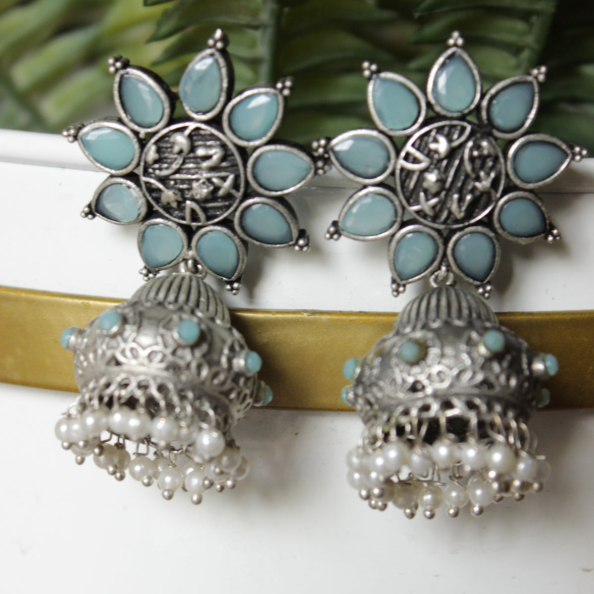 Turquoise Glass Stones Embedded Silver Finish Flower Motif Dangler Jhu ...